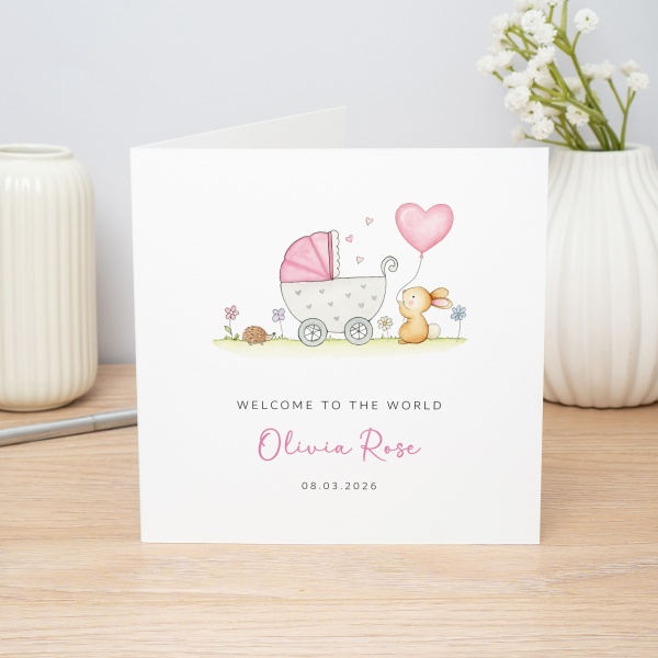 Personalised Baby Girl Card - Pram and Bunny - Just For Cards Greetings ...