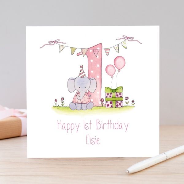 Elephant First Birthday Girl Personalised Girls 1st Birthday Card