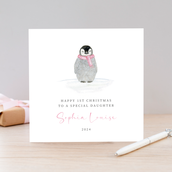 Personalised Girls First Christmas Card - 1st Christmas Card - Penguin ...