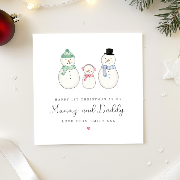 Personalised Snowman Family Christmas card - First Christmas as a ...
