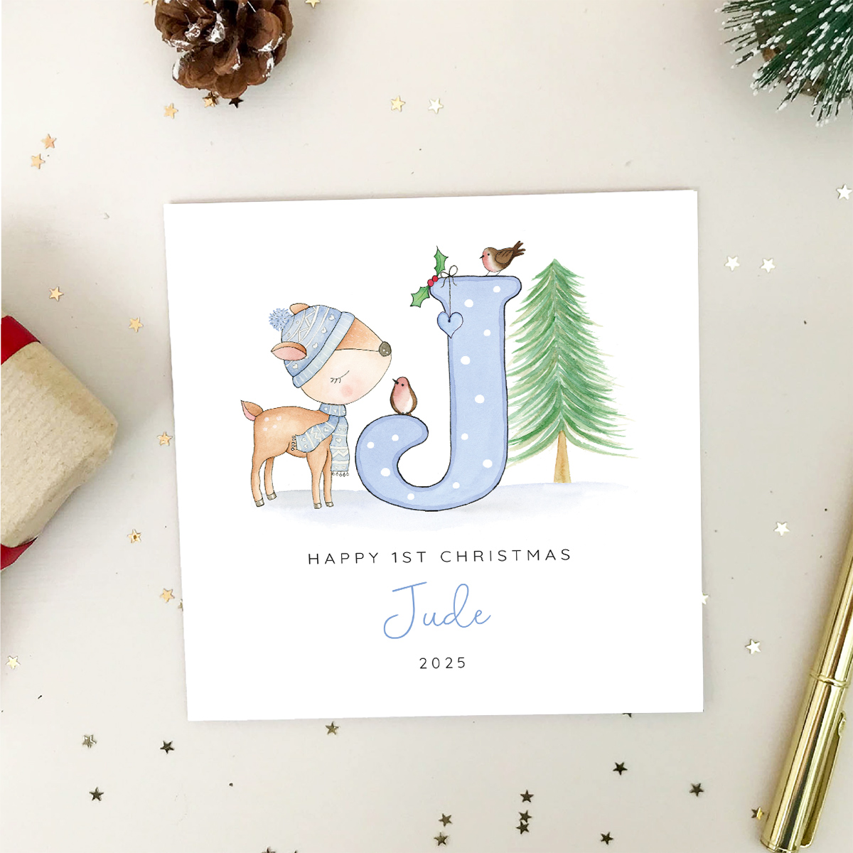 Personalised Girls 1st Christmas Card - First Christmas Card - Penguin ...