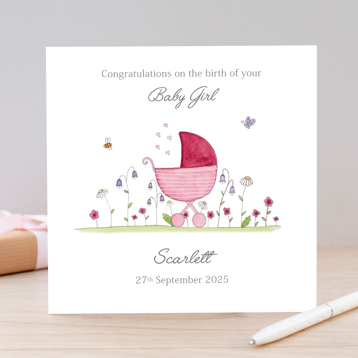 Personalised New Baby Girl Card - Pram with flowers - Just For Cards ...