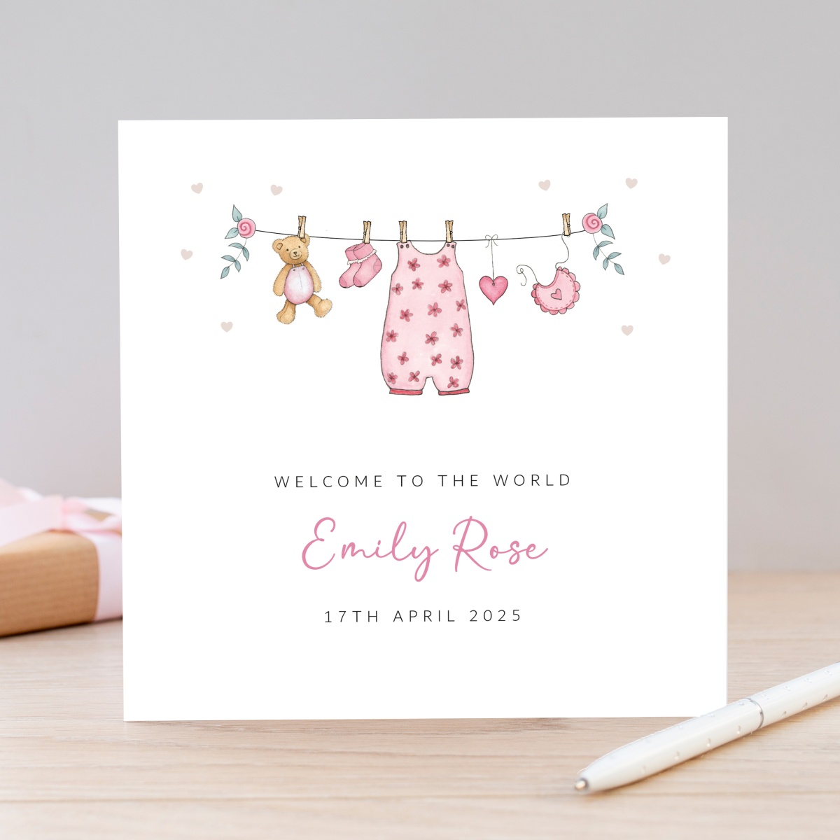 Personalised New Baby Girl Card, Washing Line Welcome to the world ...