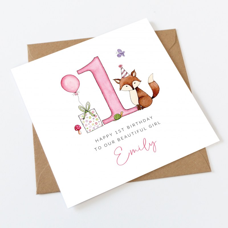 Personalised Girls 1st Birthday Card - Fox First Birthday card for a ...
