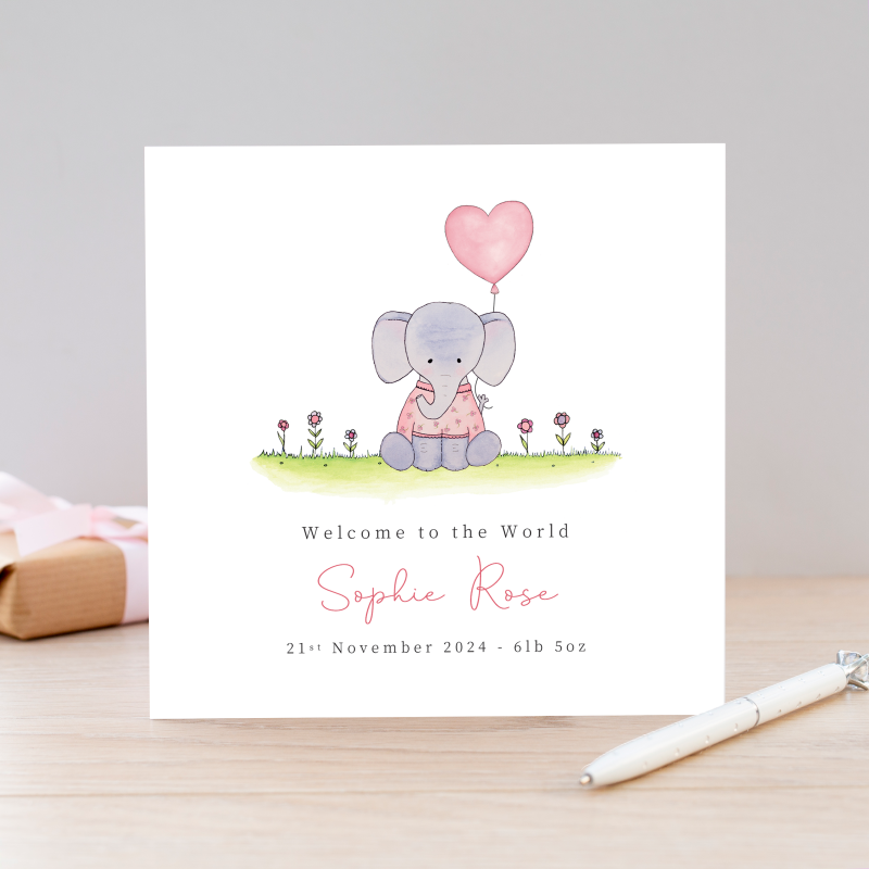 Personalised Baby Girl Card - Handmade New Baby Girl Card - Elephant ...