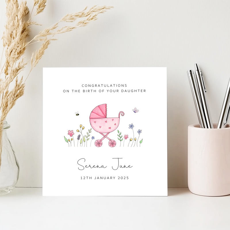 Personalised New Baby Girl Card - Pink Pram | Just for Cards - Just For ...