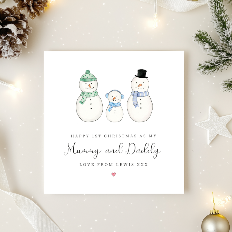 Personalised Snowman Family Christmas card - First Christmas as a ...