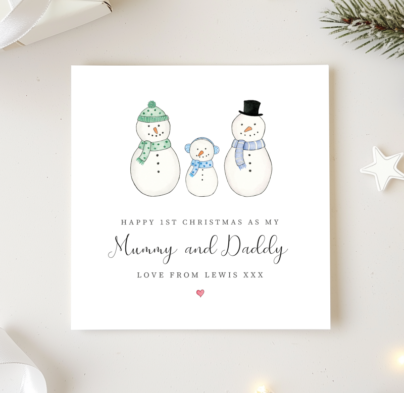 Personalised Snowman Family Christmas card - First Christmas as a ...