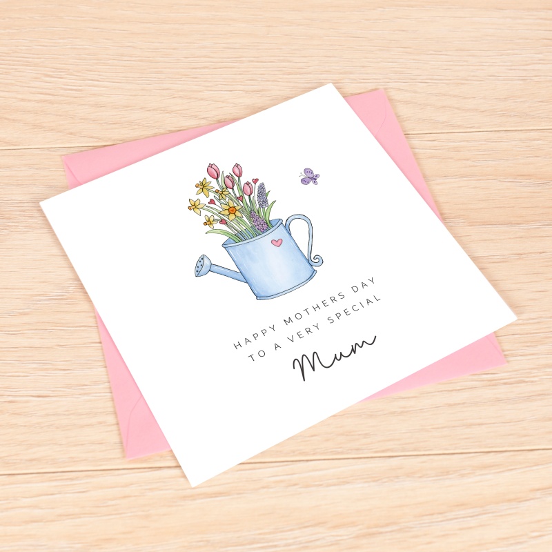 Personalised Mother's Day Card - Watering Can with flowers. Mum, Mam ...