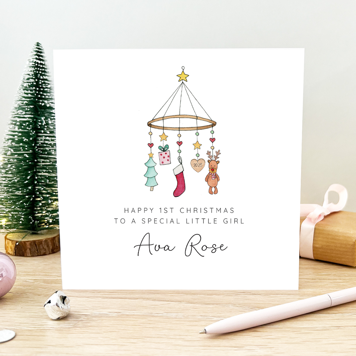 Personalised Girls 1st Christmas Card - First Christmas Card - Penguin ...