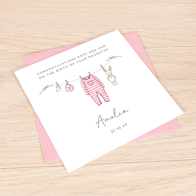 Personalised Handmade New Baby Girl Card Washing Line - Just For Cards ...