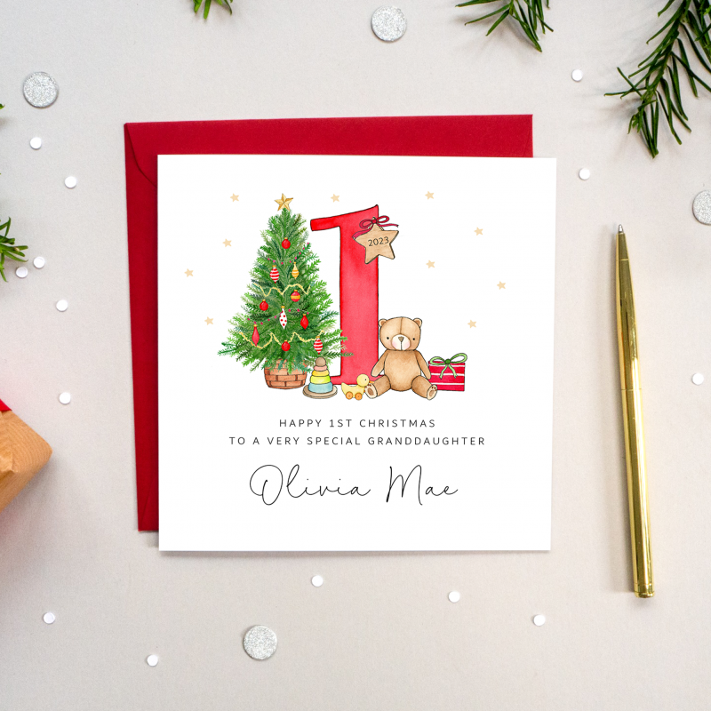 Personalised Girls 1st Christmas Card - First Christmas Card - Penguin ...