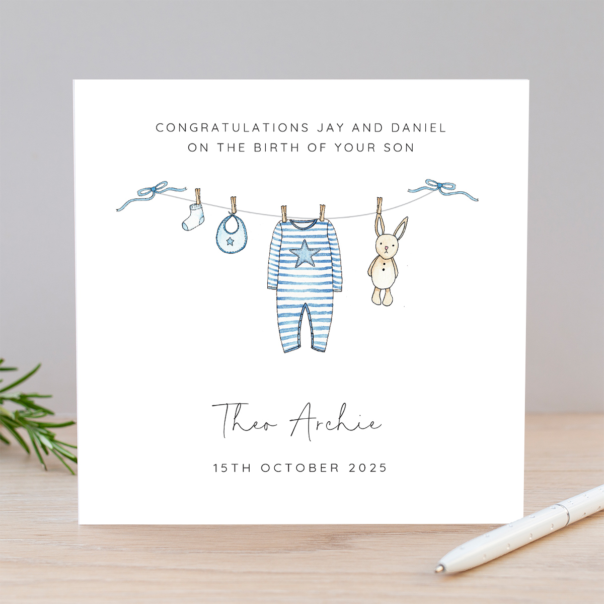 Personalised Handmade New Baby Boy Card Washing Line - Just For Cards ...